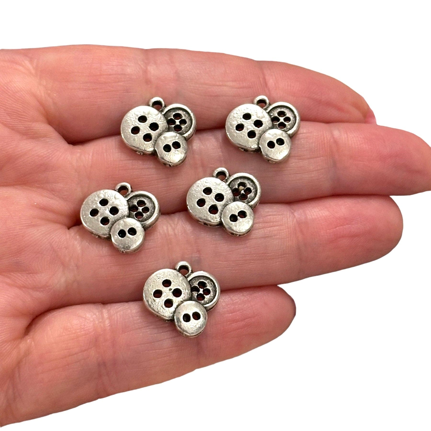 Antique Silver Plated Buttons Charms, Silver Sewing Charms, 5 pcs in a ...