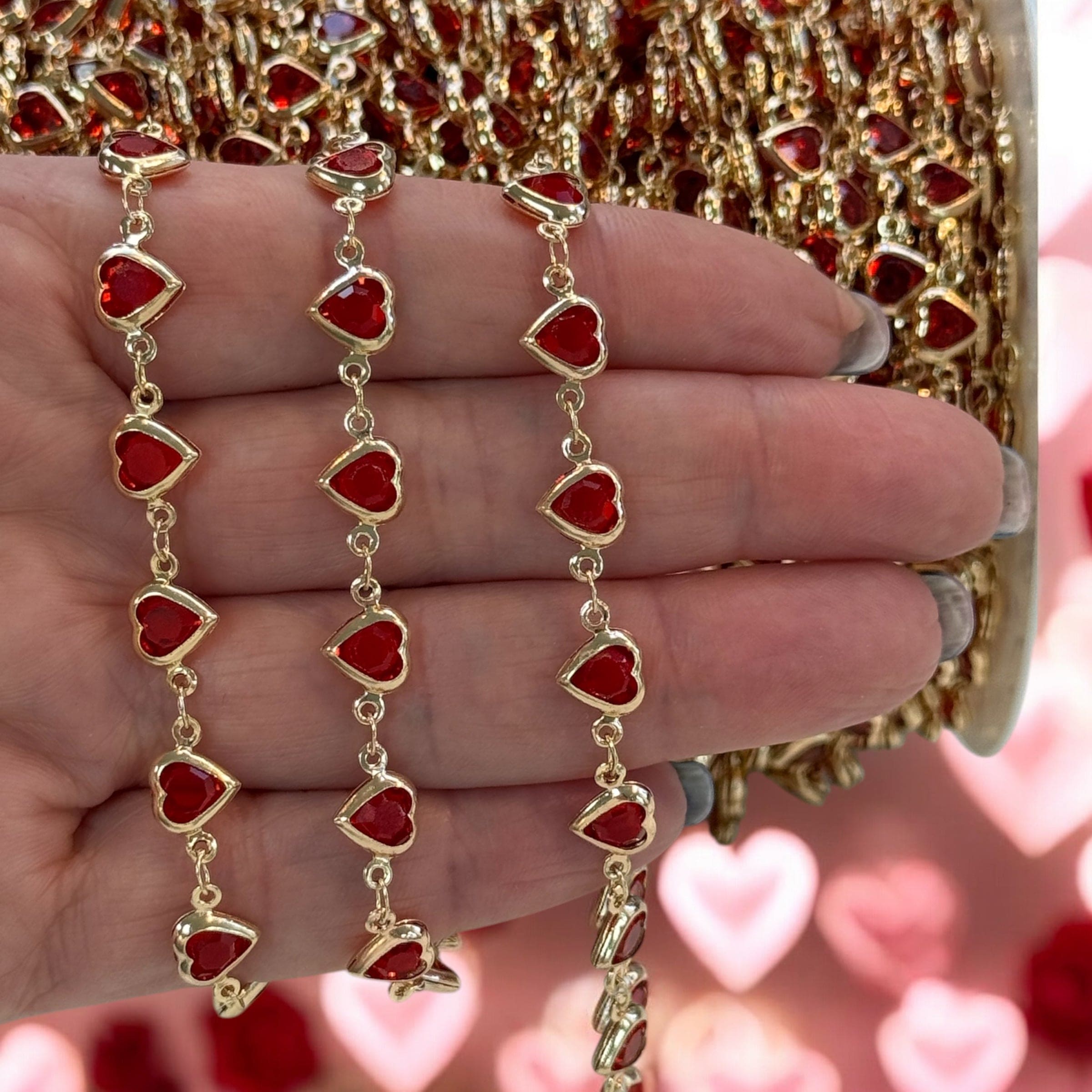 24K Gold Plated CZ Red Heart Chain – Horizontal Link Design Peppy Beads