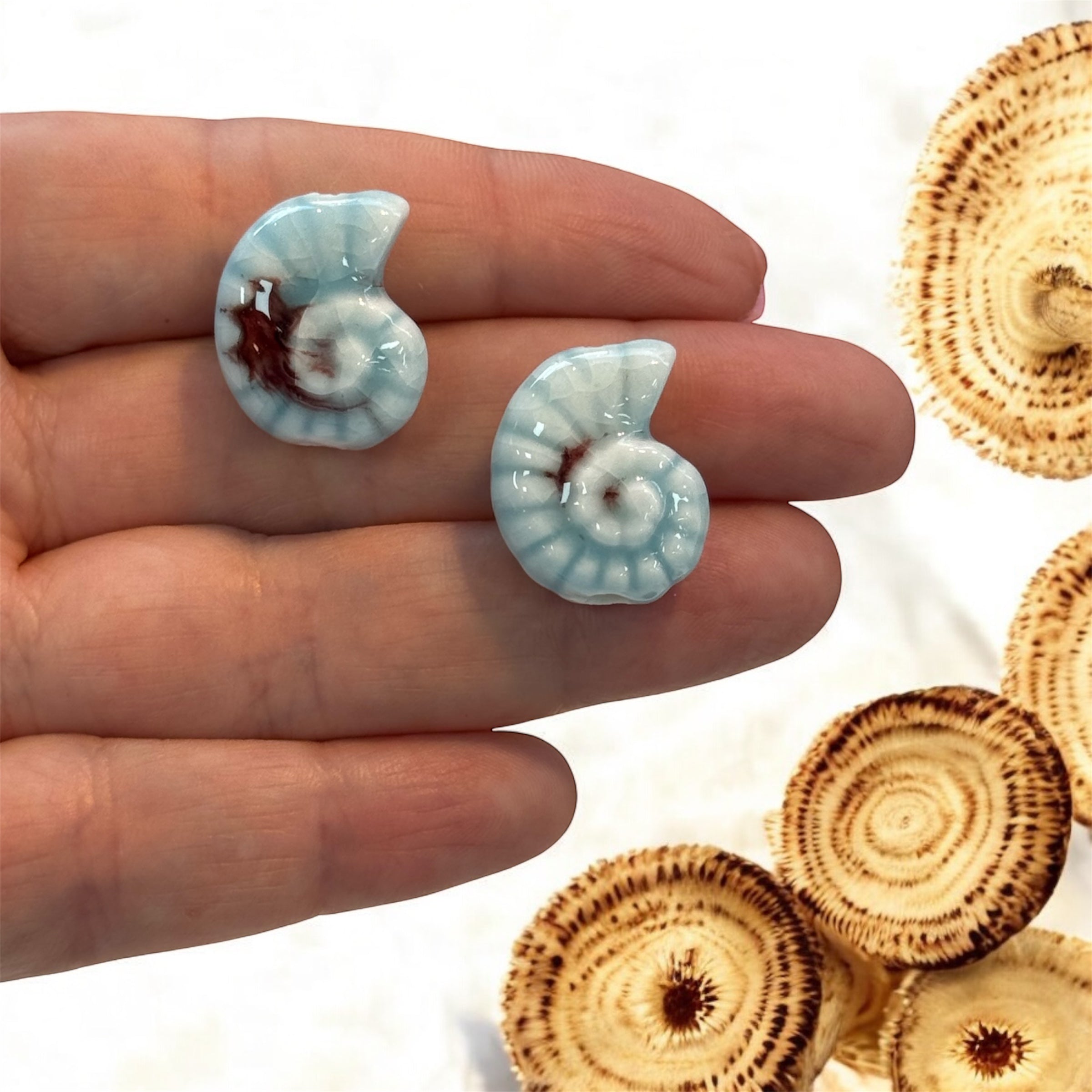 Handmade Ceramic Ammonite Beads – Set of 2, Light Blue, Peppy Beads